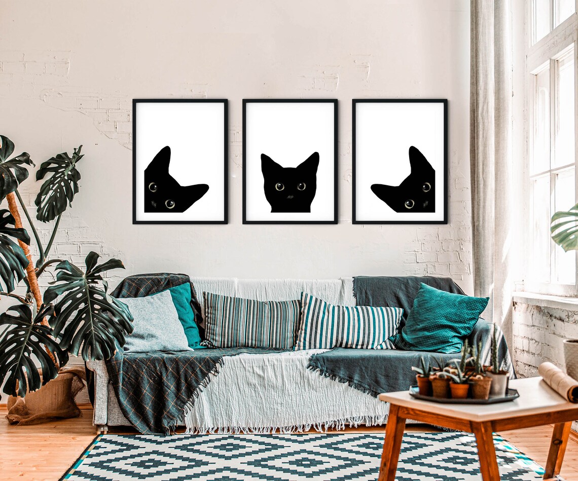 Peeking Black Cat Wall Art Set of 3 Prints UNFRAMED | Etsy