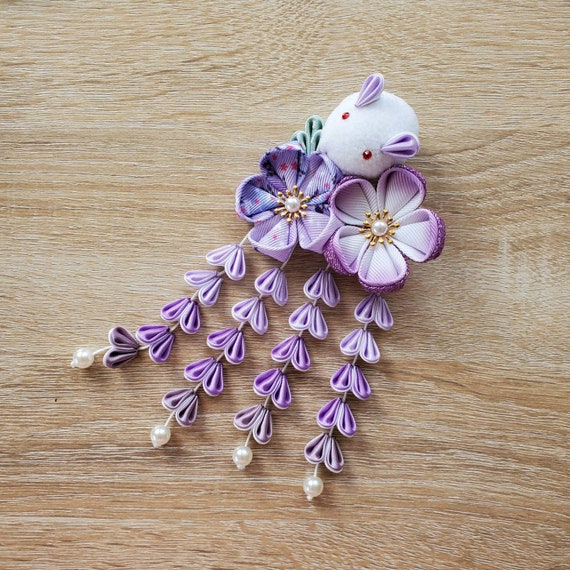 Purple Easter Bunny Handmade Kanzashi Cherry Blossom Sakura Flowers Hair Clip With Rabbit Bunny Geisha Yukata Hair Accessories Etsy UK