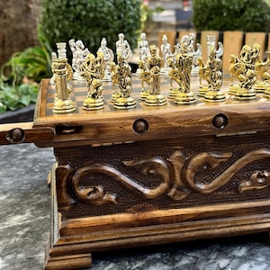 Hand Curved Chess Board With Storage Medieval Metal Chess Pieces ...