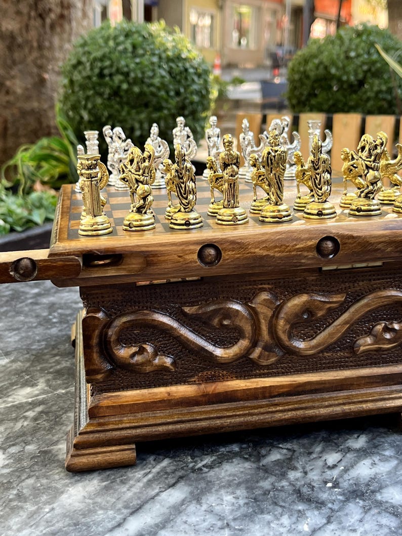 Handmade Wooden Chess Set With Metal Figures, Secret Key Lock Box - Etsy