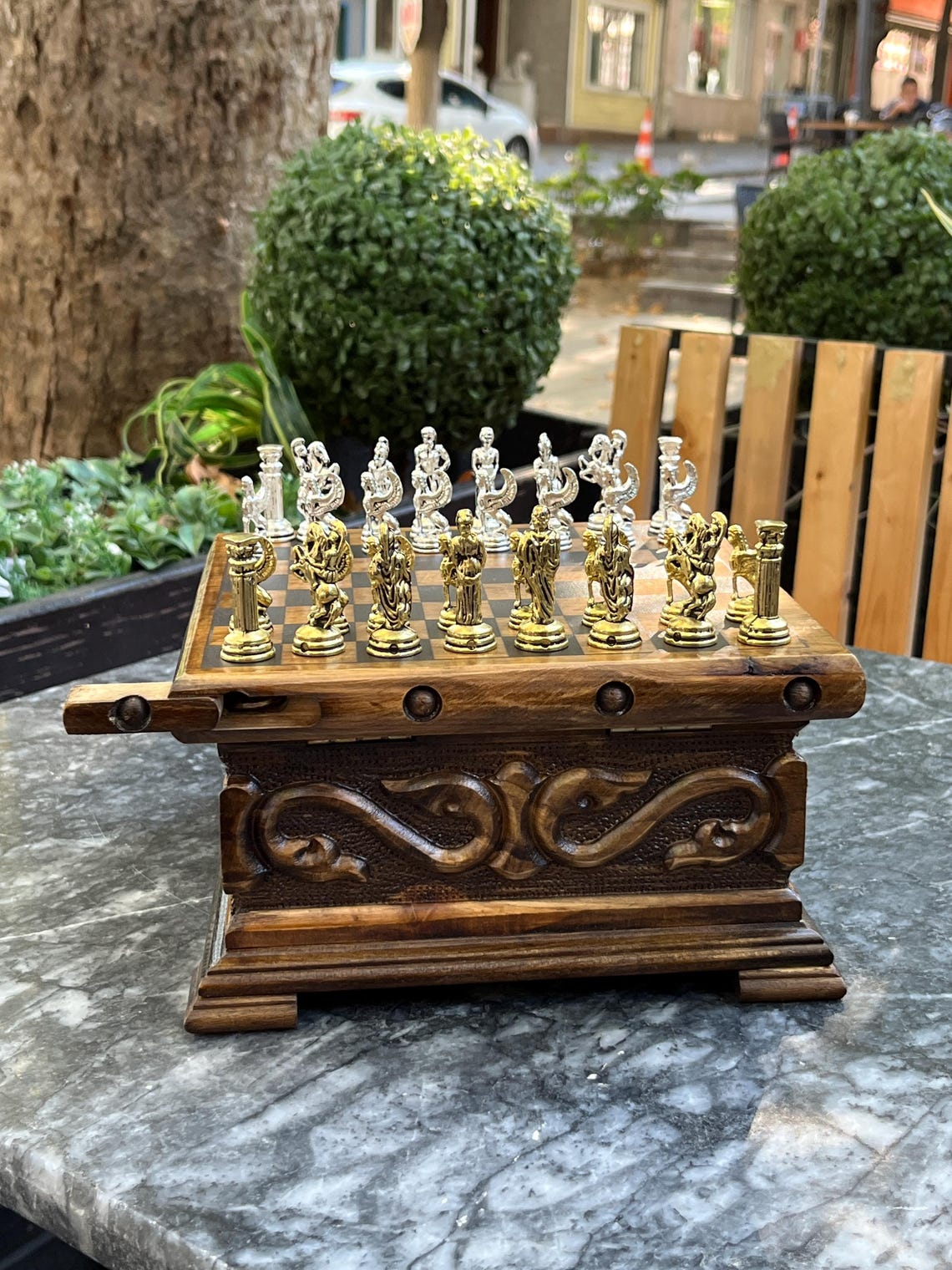 Handmade Wooden Chess Set With Metal Figures, Secret Key Lock Box - Etsy