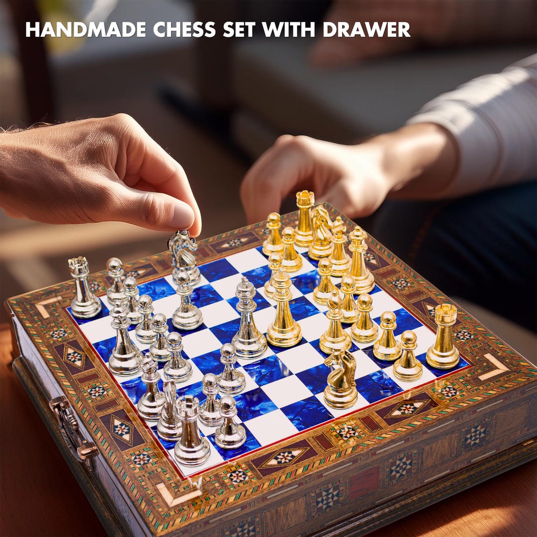 Handmade Wooden Chess Set With Storage Drawers & Metal Pieces - Etsy
