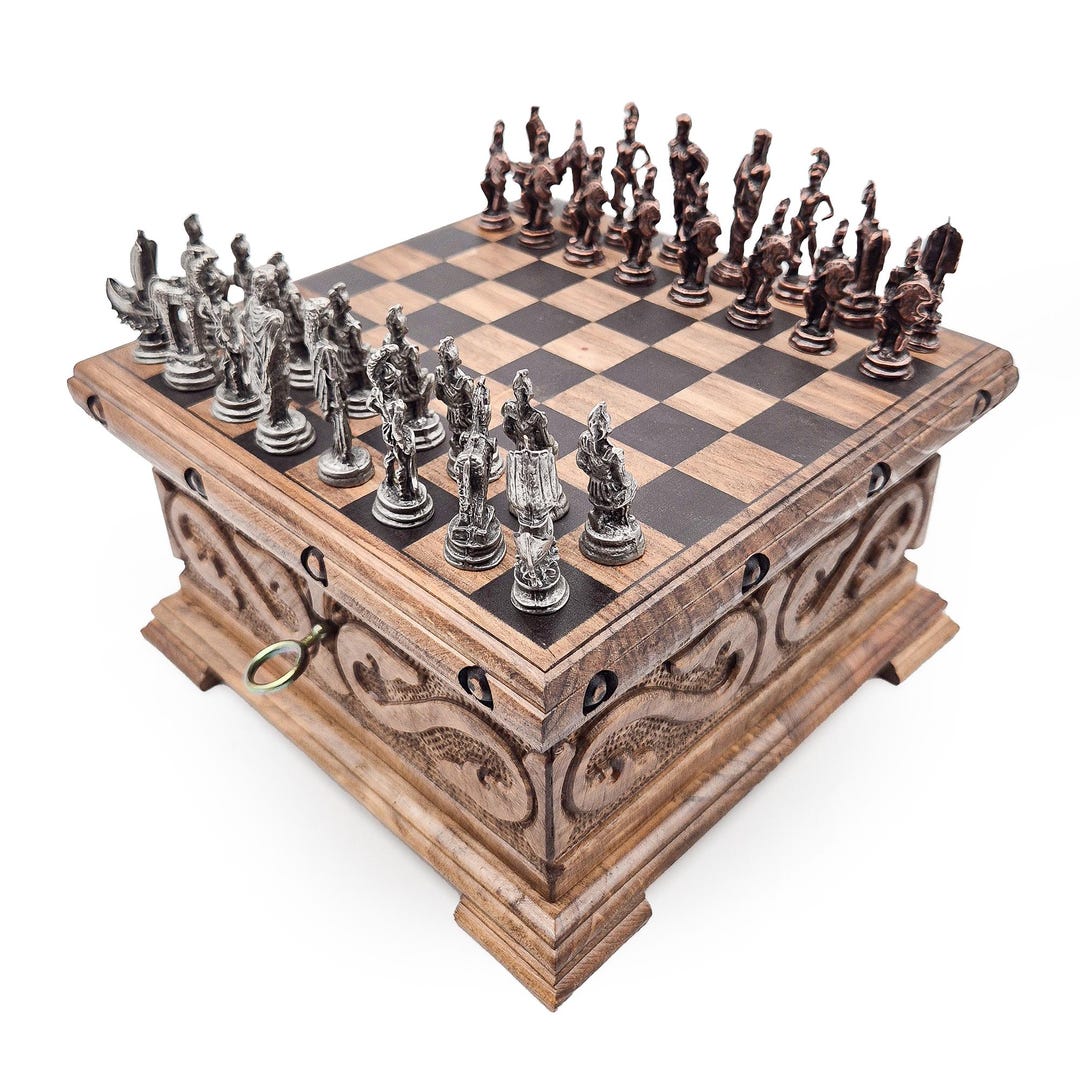 Handmade Walnut Chess Set With Metal Pieces: Custom Engraved Gift - Etsy