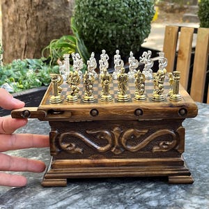 Hand Curved Chess Board With Storage Medieval Metal Chess Pieces ...