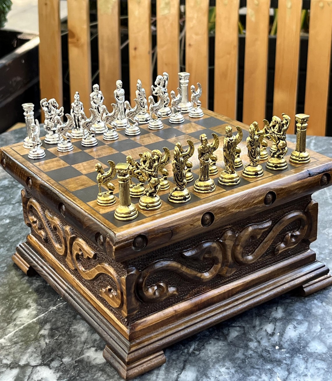 Handmade Wooden Chess Set With Metal Figures, Secret Key Lock Box - Etsy