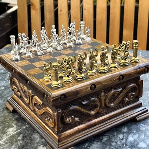 Hand Curved Chess Board With Storage Medieval Metal Chess Pieces ...