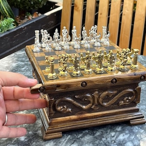 Hand Curved Chess Board With Storage Medieval Metal Chess Pieces ...