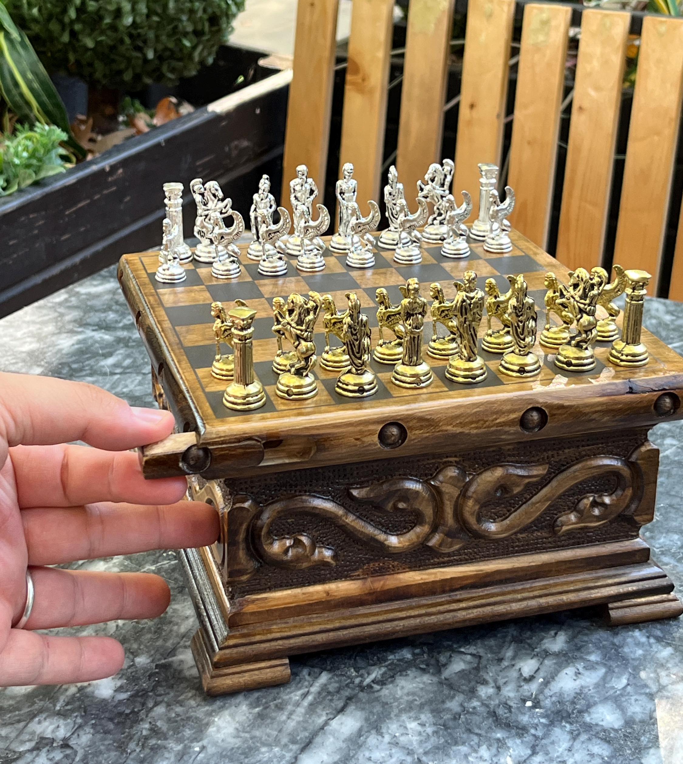 Handmade Wooden Chess Set With Metal Figures, Secret Key Lock Box - Etsy