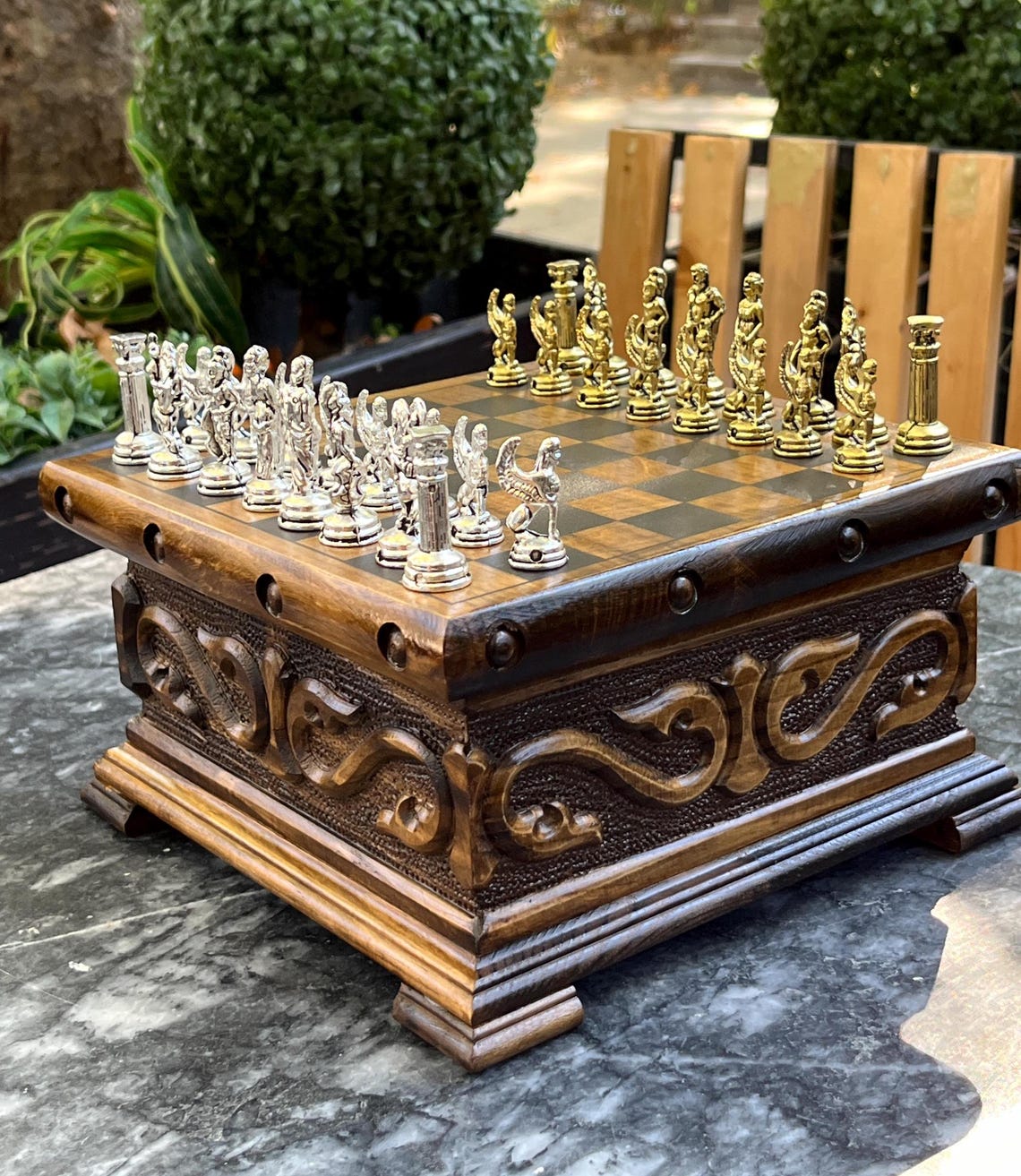 Handmade Wooden Chess Set With Metal Figures, Secret Key Lock Box - Etsy