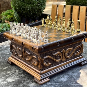 Hand Curved Chess Board With Storage Medieval Metal Chess Pieces ...