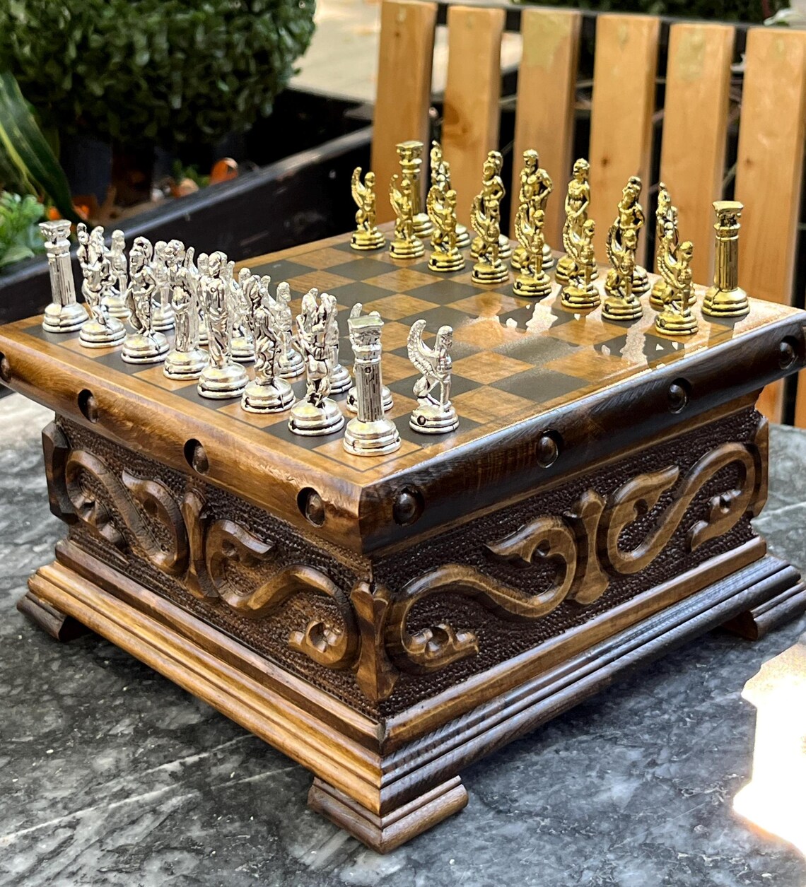 Handmade Wooden Chess Set With Metal Figures, Secret Key Lock Box - Etsy