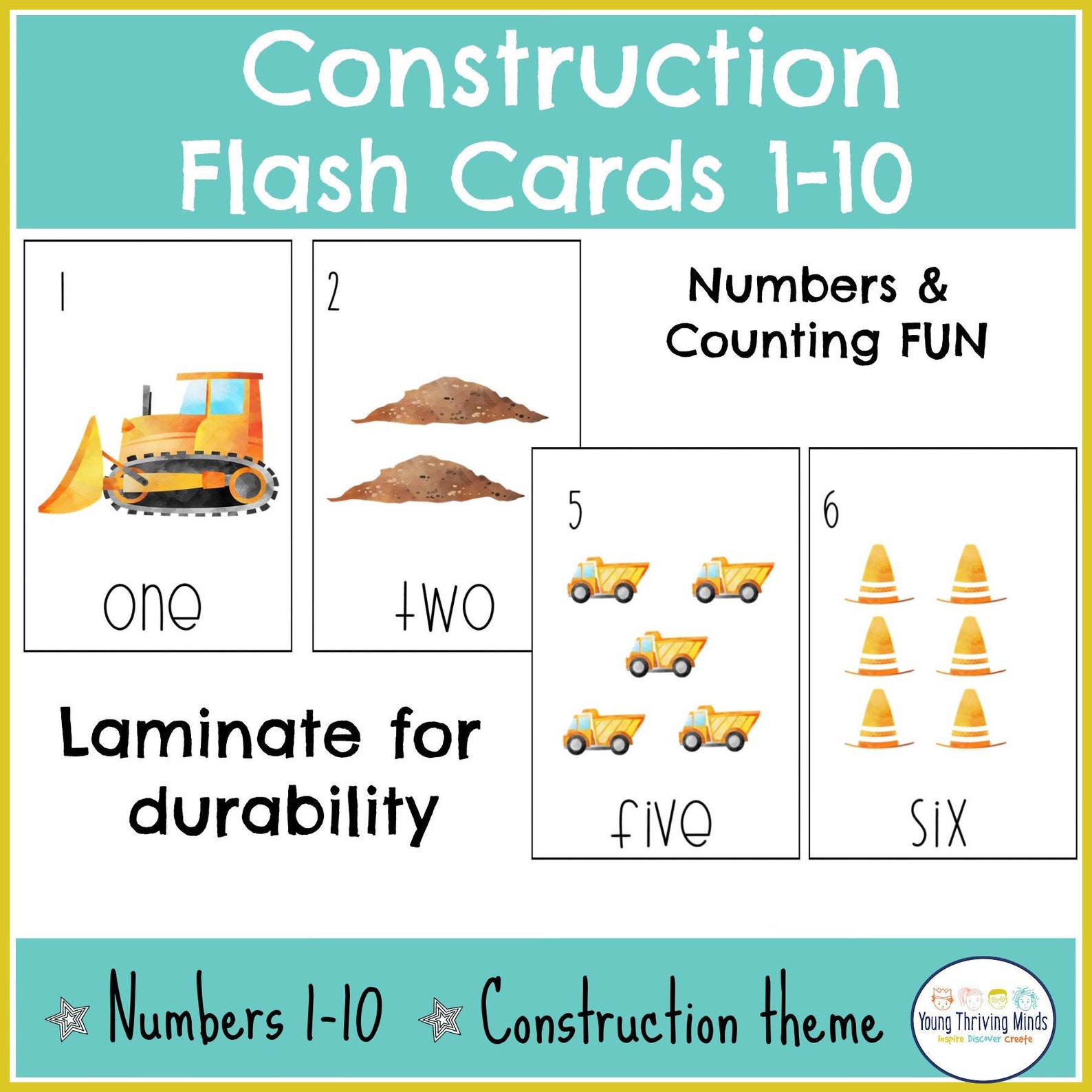 Construction Theme Flash Cards Number Practice Number 1-10 | Etsy