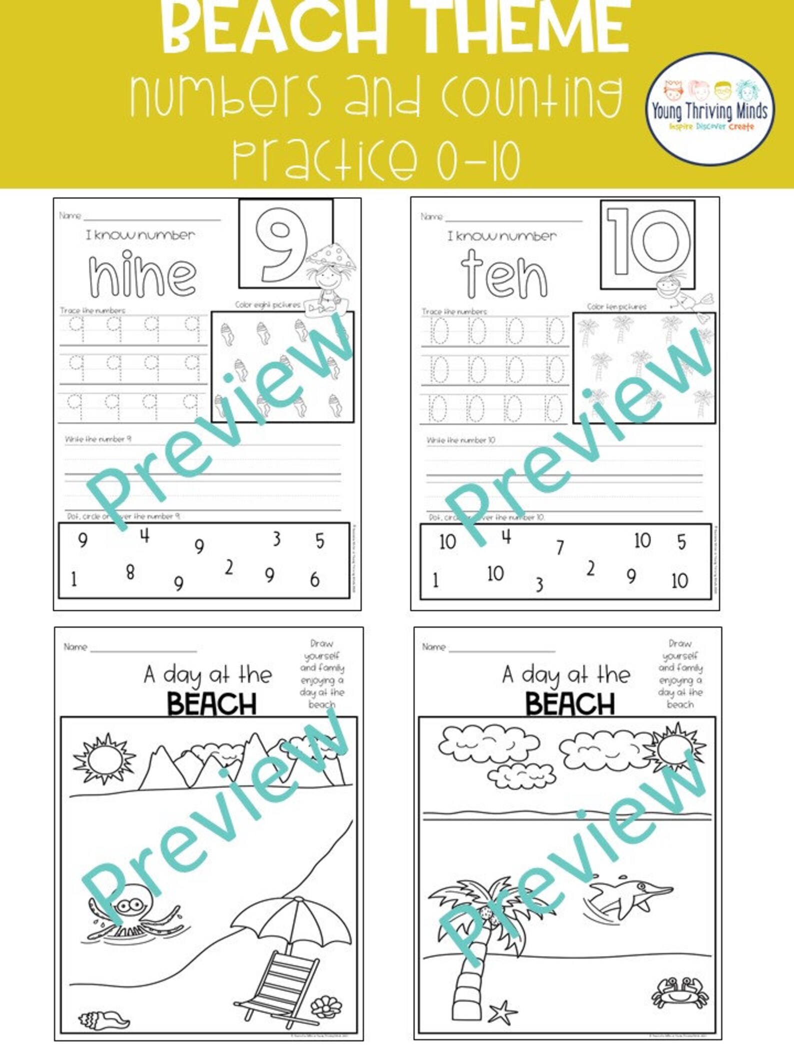 Preschool Pre K Kindergarten Numbers and Counting Math Bundle- BEACH ...
