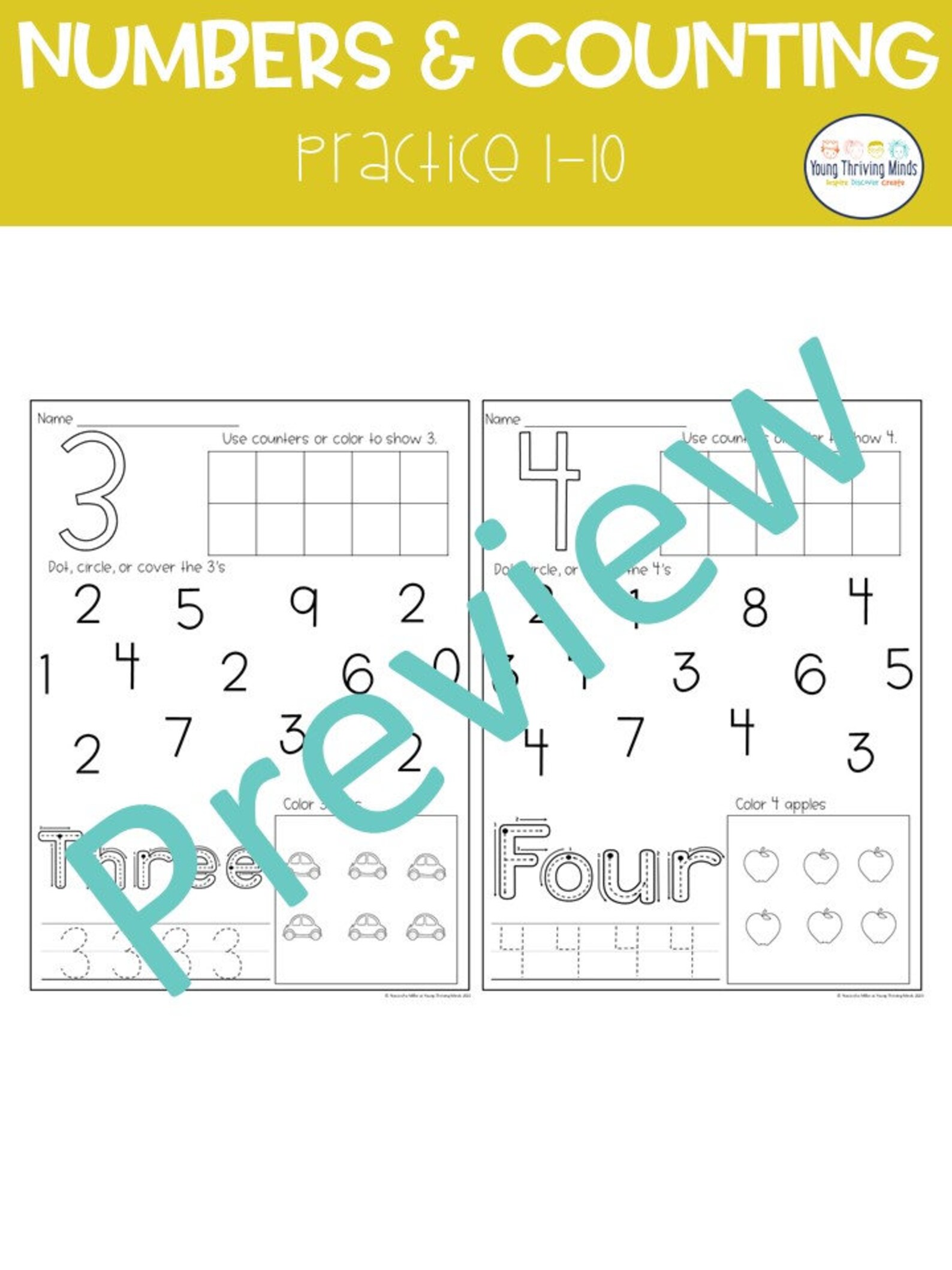Preschool Pre K Kindergarten Numbers and Counting Practice- Instant ...