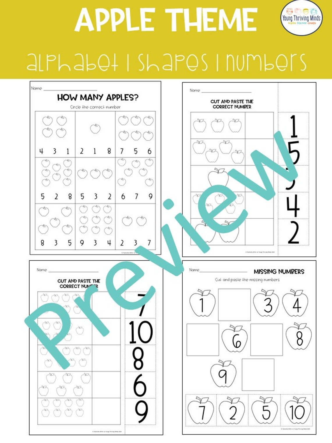 Apple Theme Pre K Activity Printable Numbers & Counting, Alphabet ...