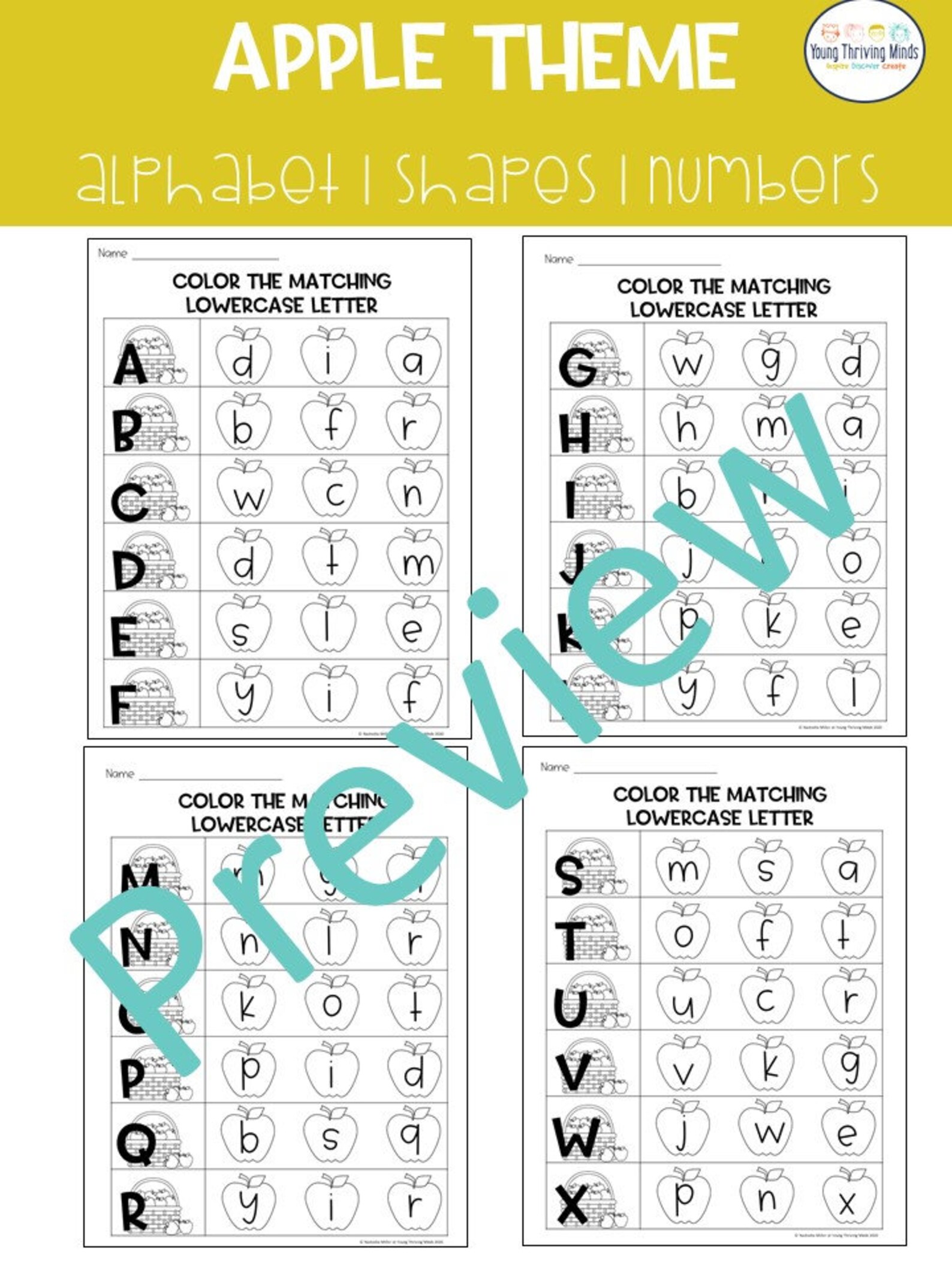 Apple Theme Pre K Activity Printable Numbers & Counting, Alphabet ...