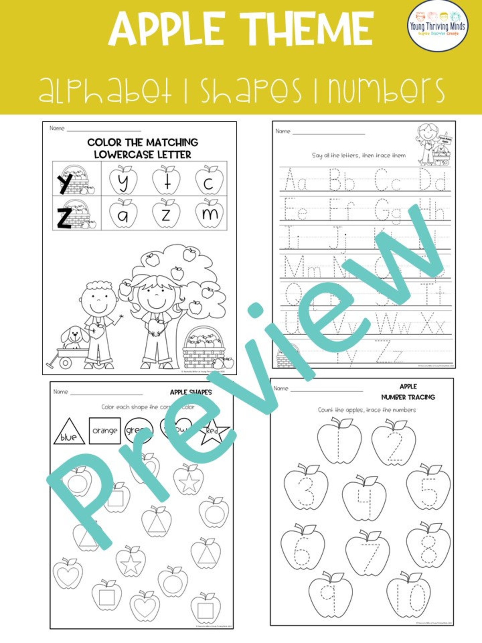 Apple Theme Pre K Activity Printable Numbers & Counting, Alphabet ...
