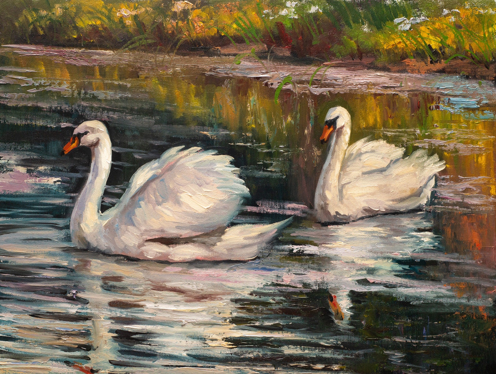 Swans Oil Painting Original Handmade Art Wall Art Landscape | Etsy