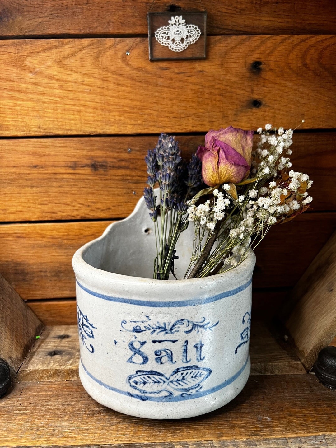 Large Vintage Stoneware Blue Onion Salt Cellar Box | Farmhouse Salt Box ...