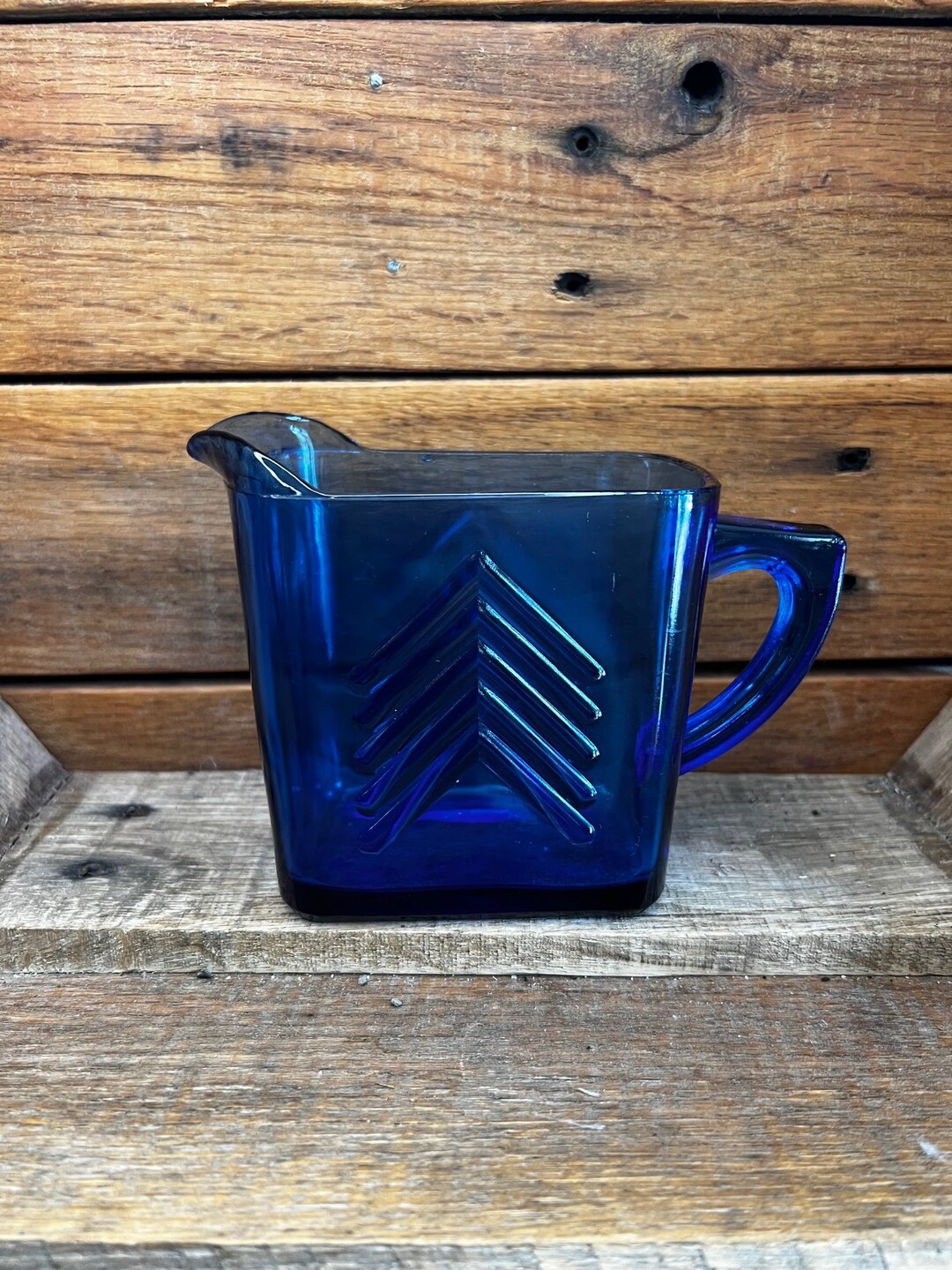 Vintage Cobalt Blue Pitcher Hazel Atlas Depression Era Glass Chevron ...