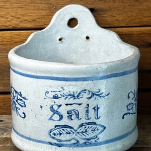 Large Vintage Stoneware Blue Onion Salt Cellar Box | Farmhouse Salt Box ...