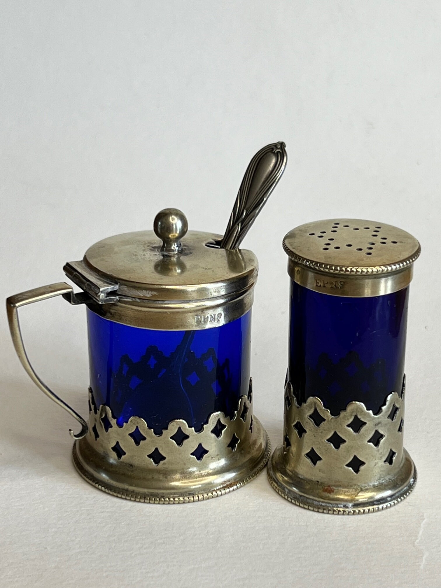 Vintage Victorian 19th Century Condiment Set Bristol Blue Glass ...