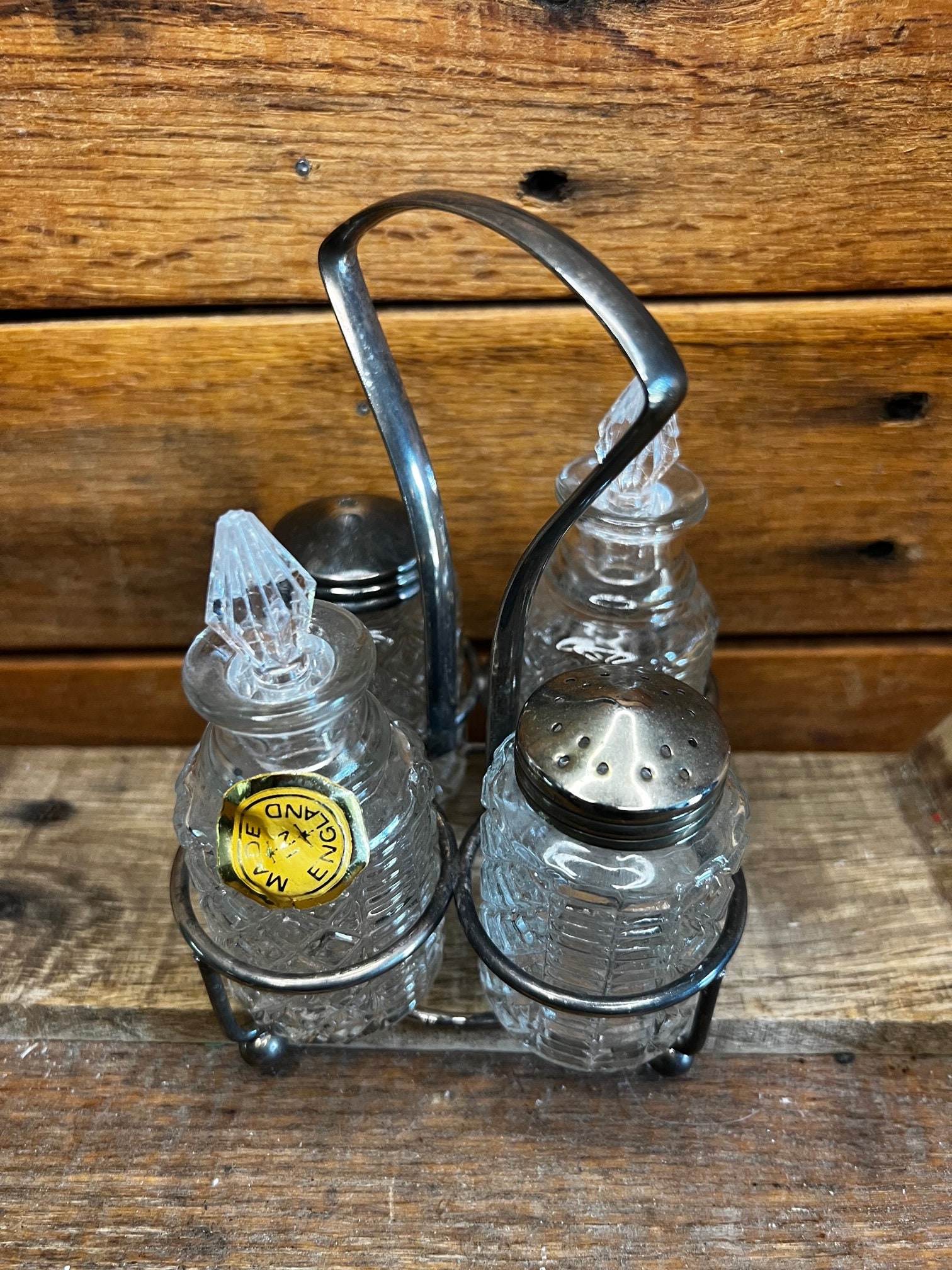 Vintage Eales of Sheffield Cruet Set: Silver Plate Caddy, Glass Bottles ...