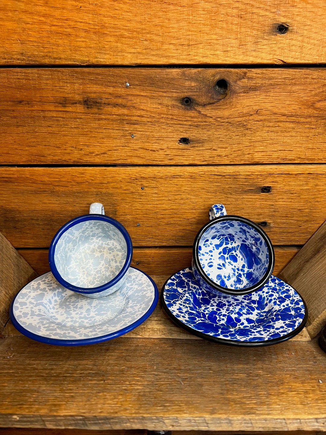 Small Vintage Enamelware Cups - Blue & Light Blue Speckled Enamel Cups ...