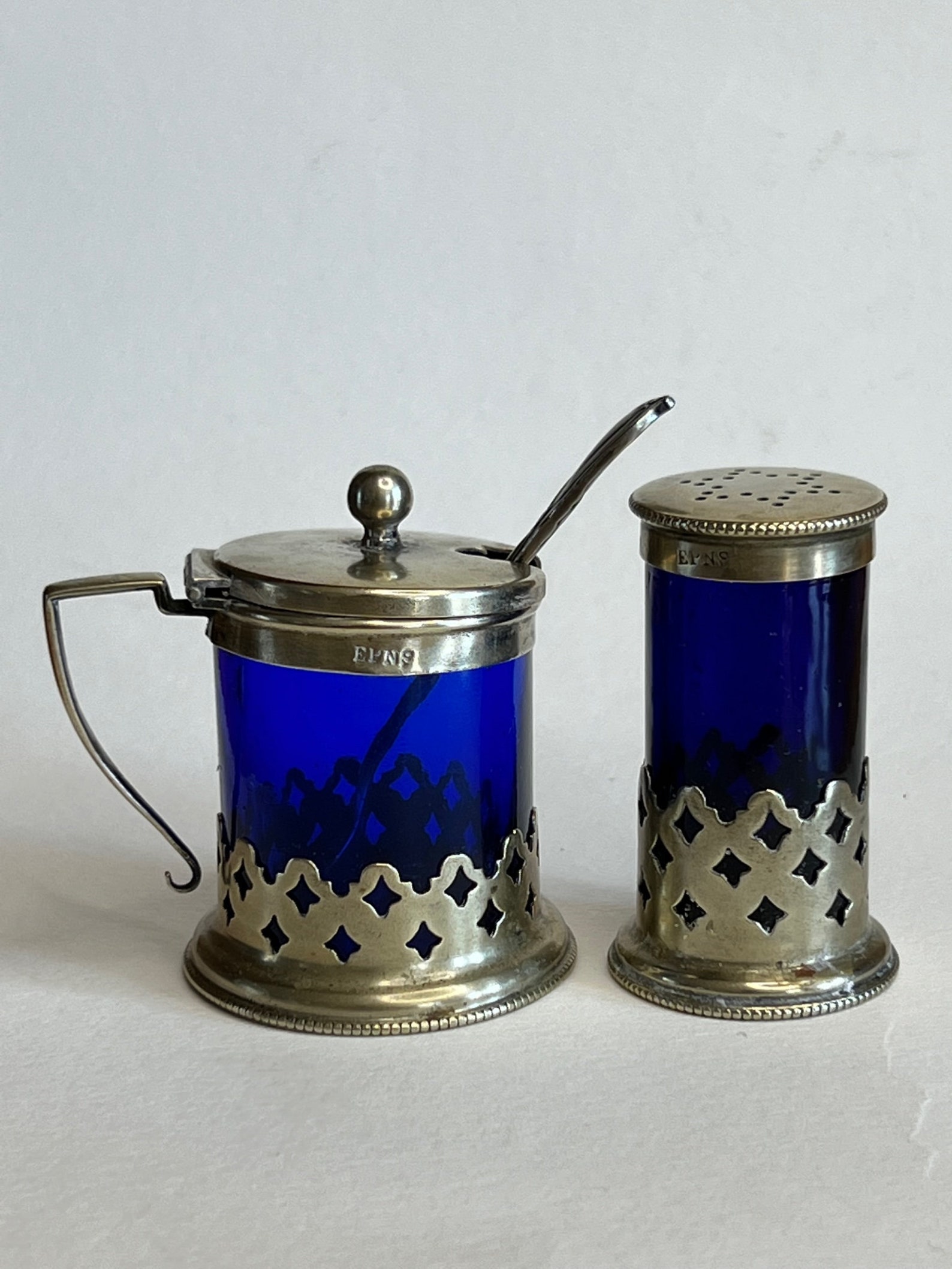 Vintage Victorian 19th Century Condiment Set Bristol Blue Glass ...