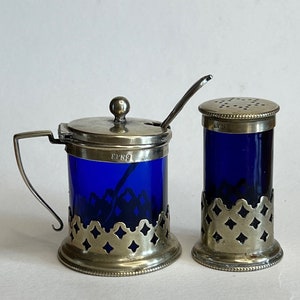Vintage Victorian 19th Century Condiment Set Bristol Blue Glass ...