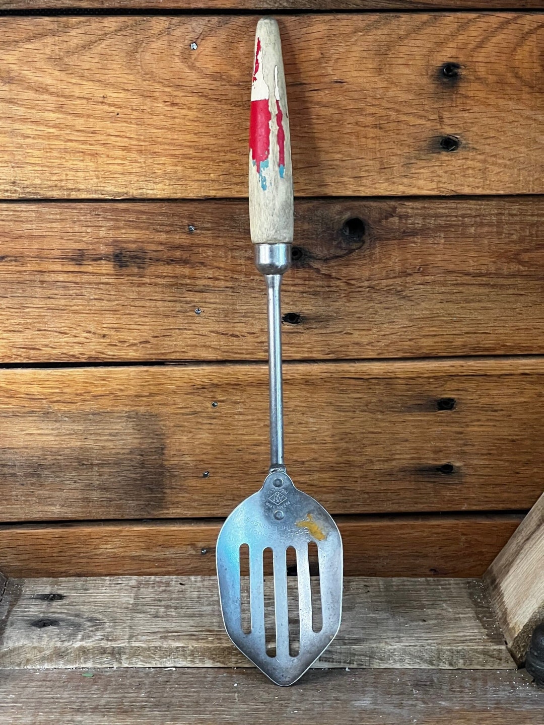 Vintage Slotted Spoon With Red Wooden Handle - A&J Kitchen Utensil ...