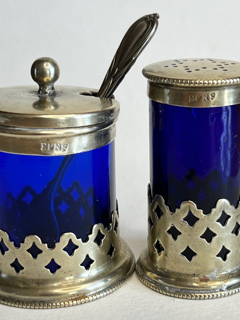 Vintage Victorian 19th Century Condiment Set Bristol Blue Glass ...