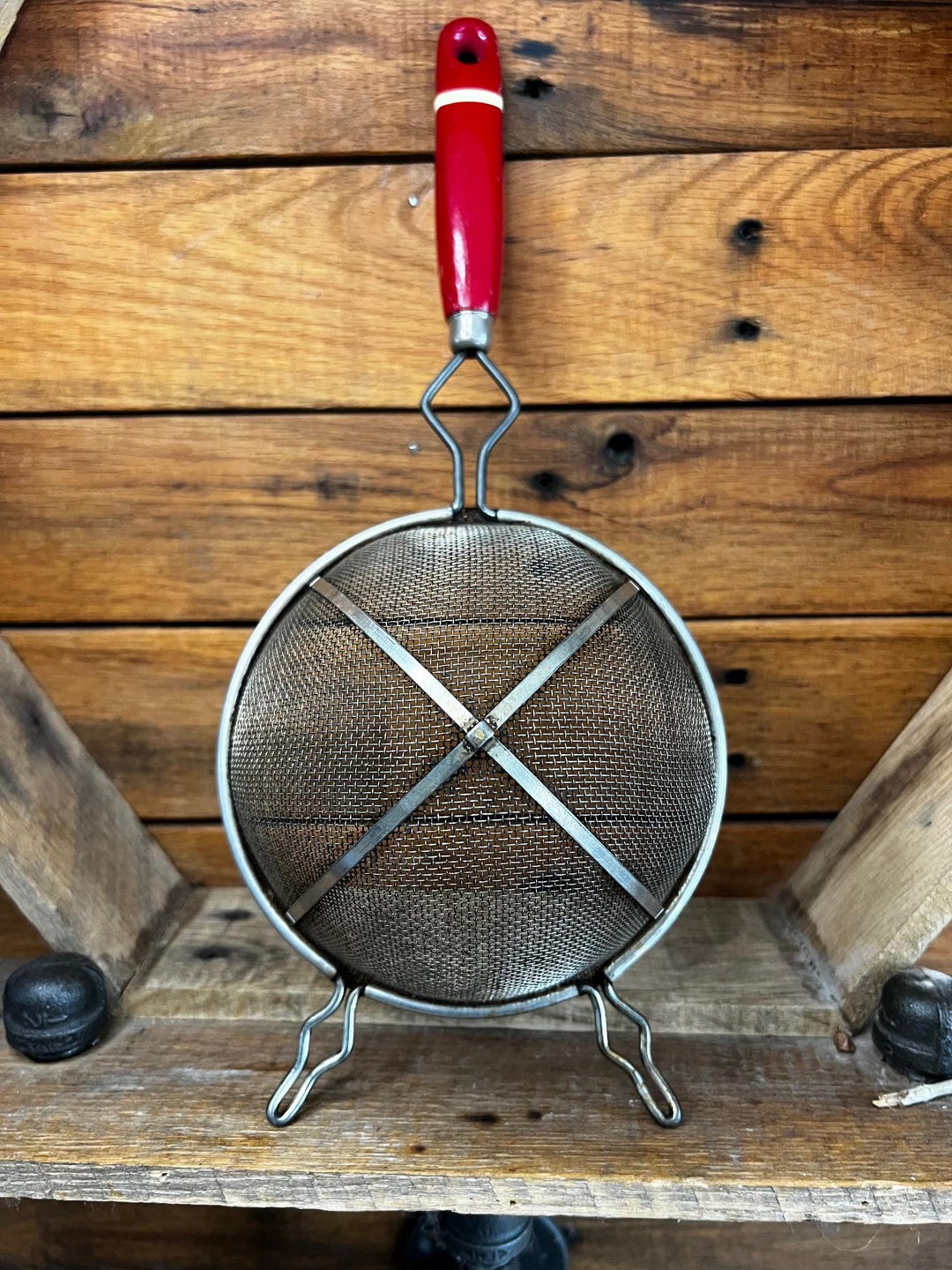 Vintage Metal Strainer With Red & White Stripe Wood Handle, Hand Held ...