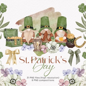 St. Patrick's Day Watercolor Clipart. Green Gnome Leprechaun ...