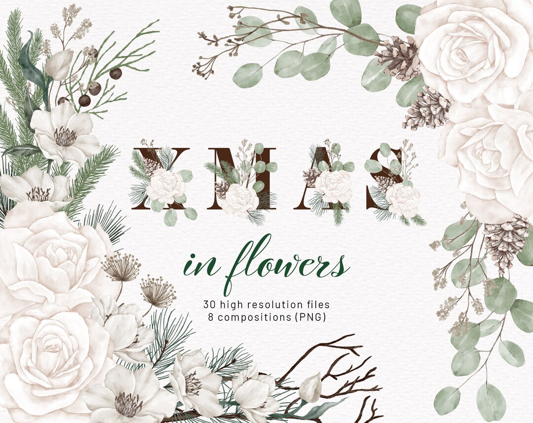 Winter Flowers Clipart. Christmas Floral. Xmas Bouquet Winter Wreath ...