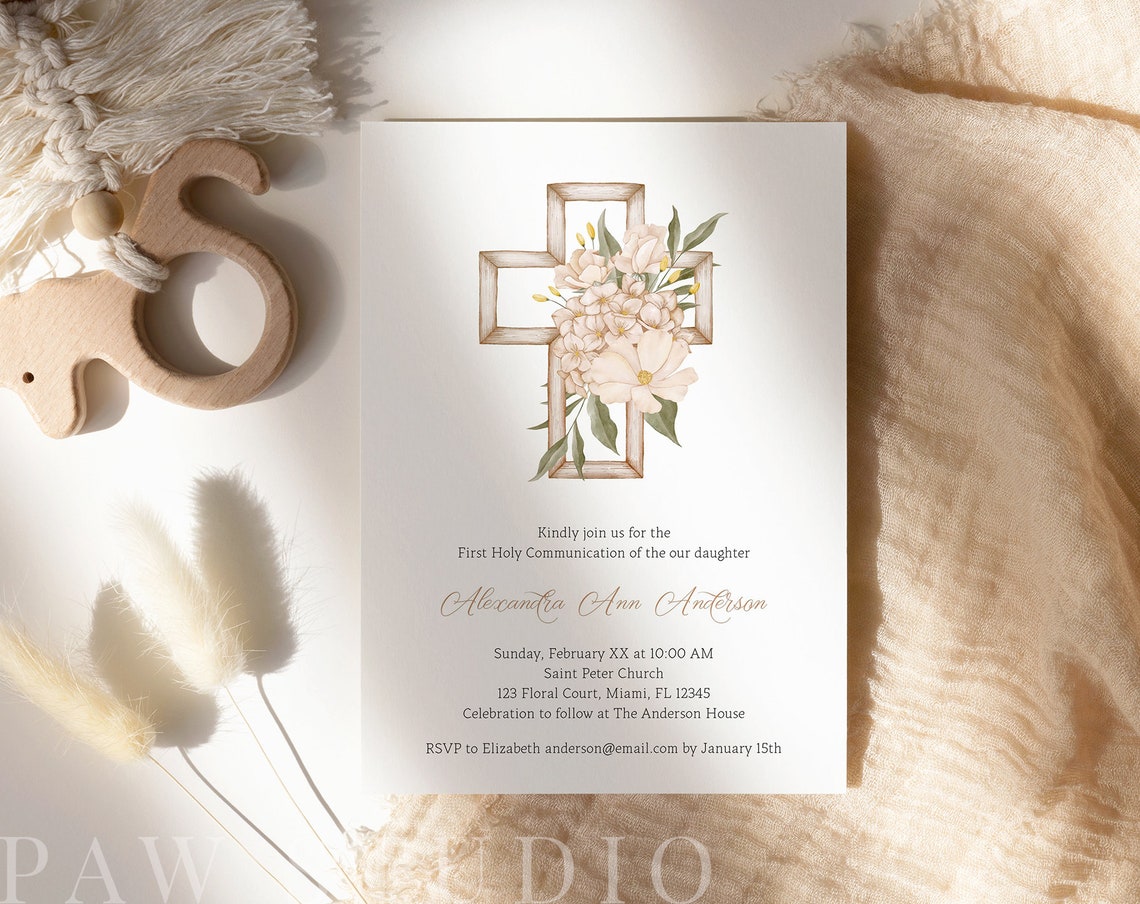 First Communion Editable Invitation Template Canva Baptism - Etsy