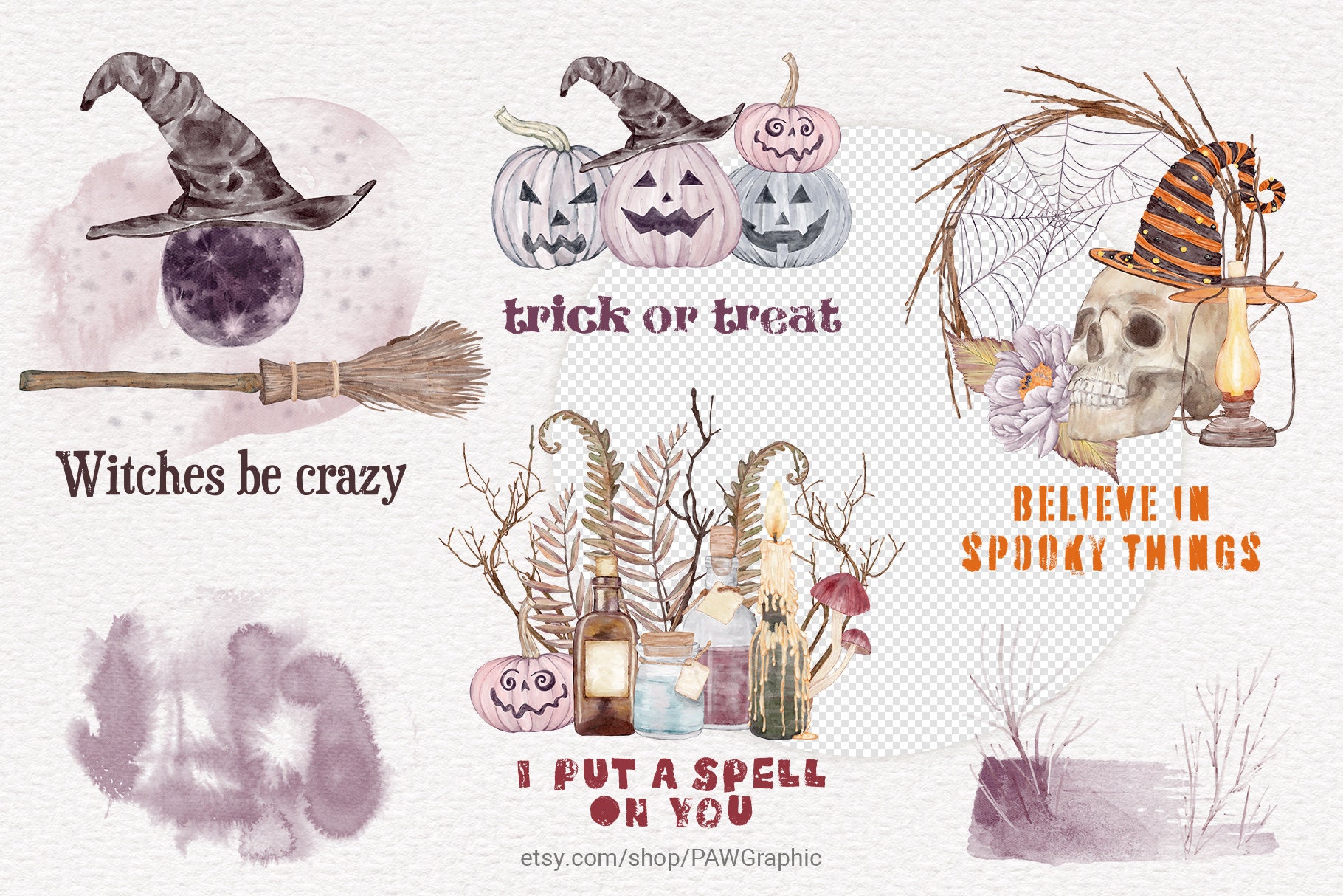 Halloween Watercolor Clipart Halloween Cards Spooky Clipart - Etsy