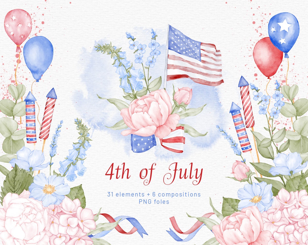 4th of July Clipart Watercolor Red White Blue Flowers Clipart USA ...
