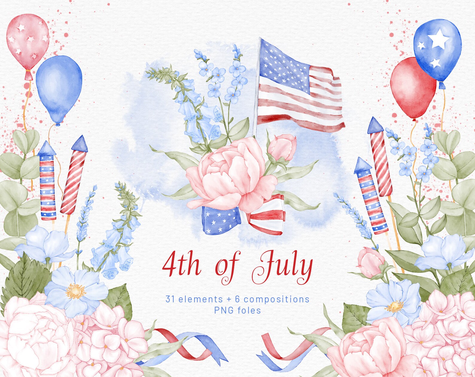 4th of July Clipart Watercolor Red White Blue Flowers Clipart - Etsy