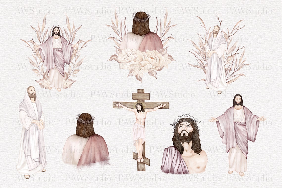Easter Clipart Jesus Floral Cross He is Risen Portrait Jesus | Etsy
