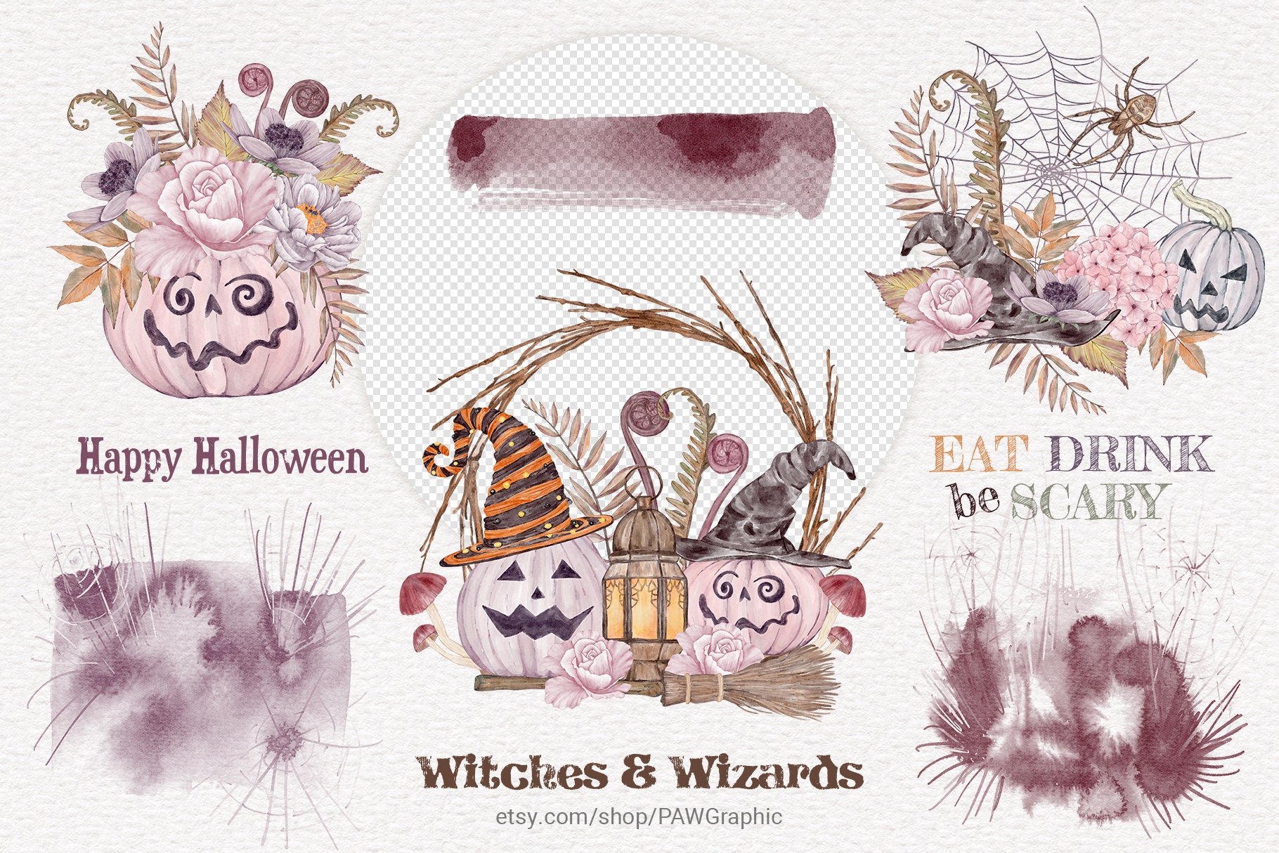 Halloween Watercolor Clipart Halloween Cards Spooky Clipart - Etsy