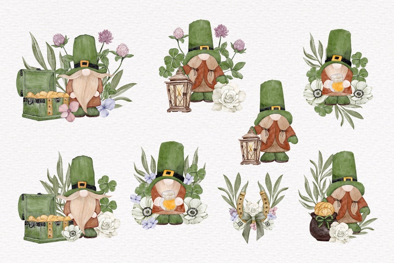 St. Patrick's Day Watercolor Clipart. Green Gnome - Etsy