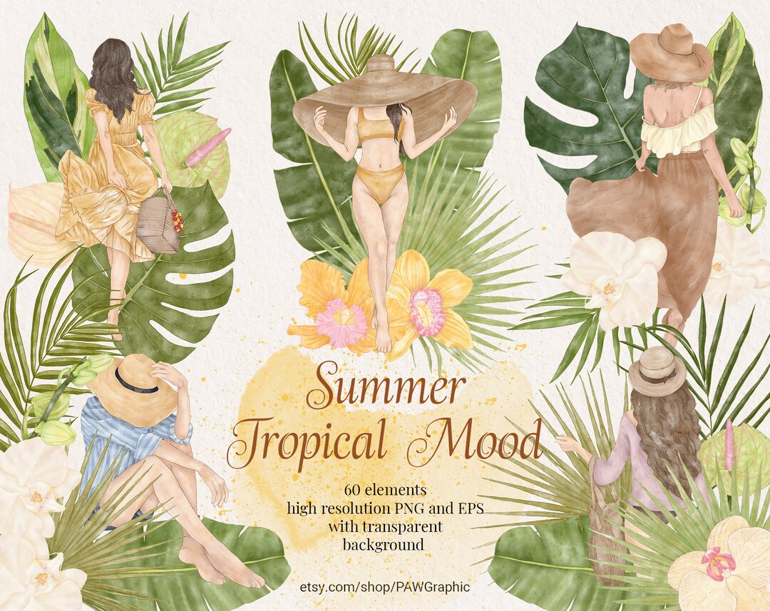 Summer Watercolor Girl Clipart Fashion Woman Tropical Flower Clipart ...
