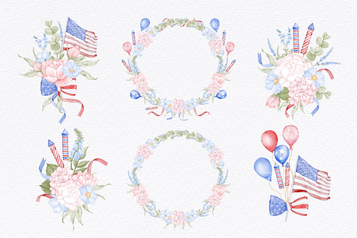 4th of July Clipart Watercolor Red White Blue Flowers Clipart - Etsy
