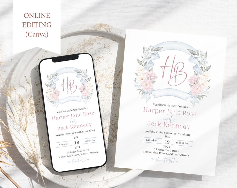 Wedding Editable Invitation Emblem Template Canva Smartphone - Etsy
