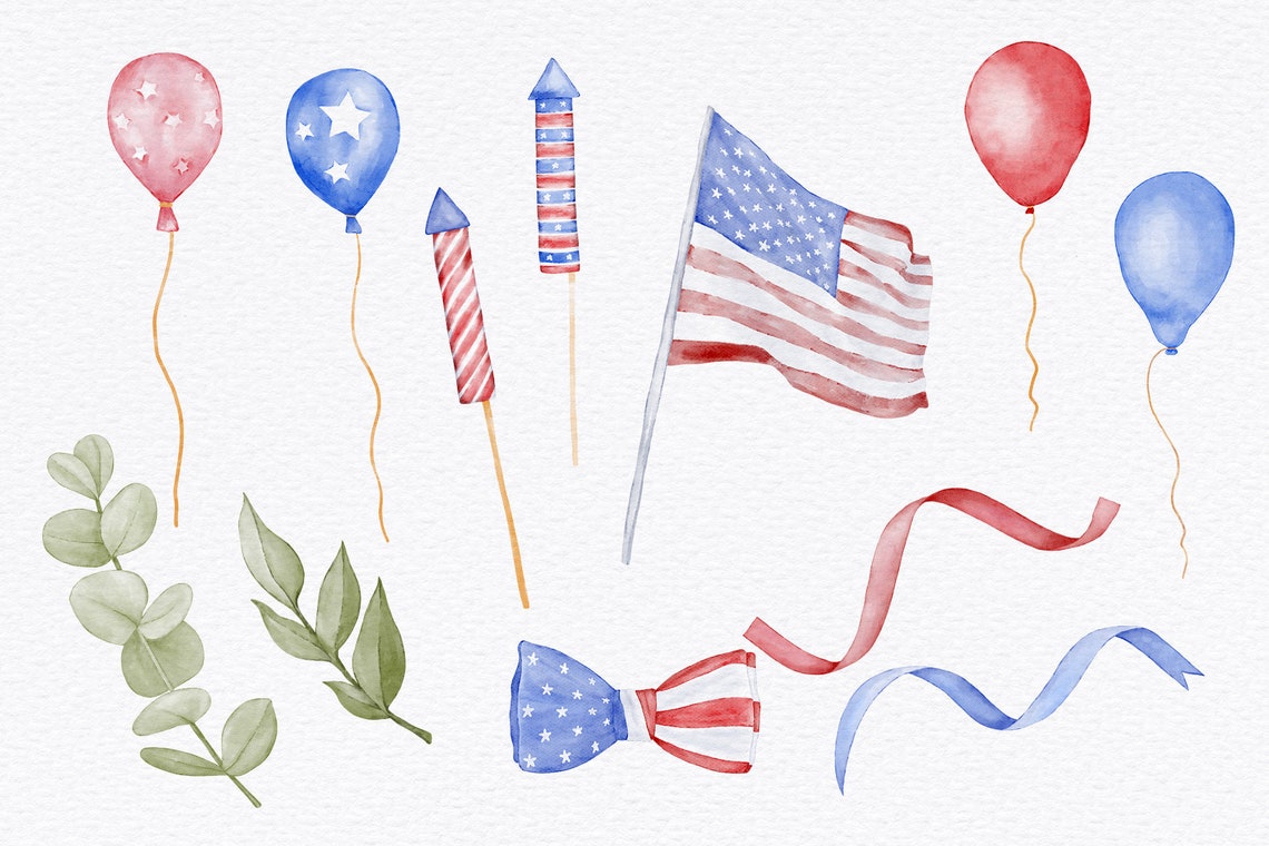 4th of July Clipart Watercolor Red White Blue Flowers Clipart - Etsy