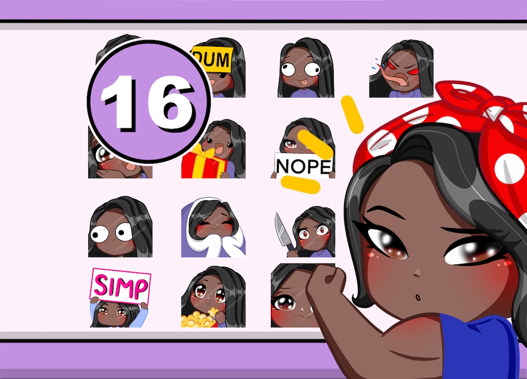Girl Gamer Twitch Emotes 16pcs Pack ( NICOLE: Black Hair | Brown Eyes ...