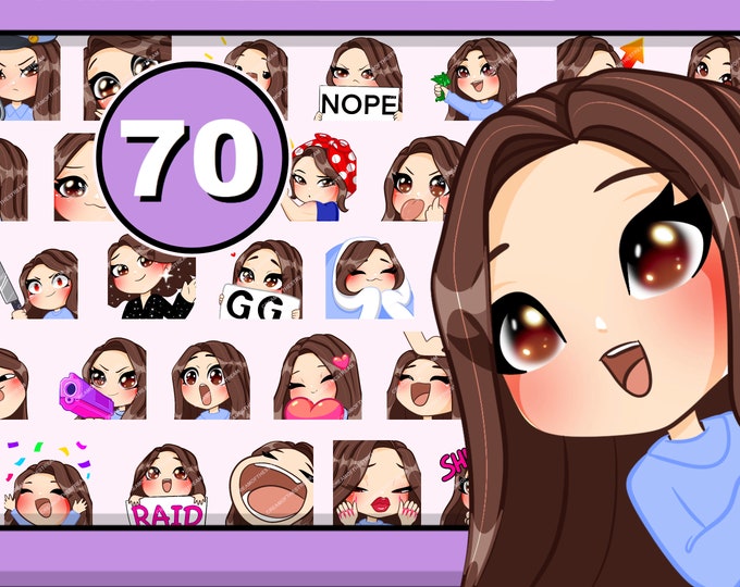70pcs Chibi Girl Twitch Emotes Female ANNE : Brown Hair Brown Eyes Pale ...