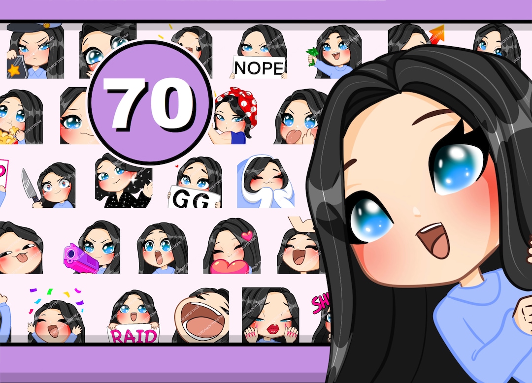70pcs Chibi Girl Twitch Emotes ( Iris | Black Hair | Blue Eyes | Pale ...