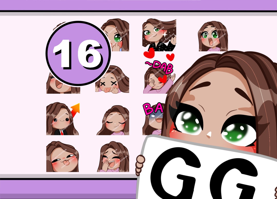 Twitch Emote Pack Chibi Girl Emotes 16pcs ( Girl MAGDA : Brown Hair ...